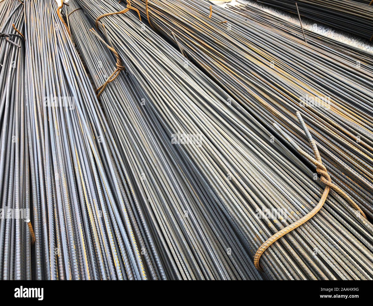 Steel reinforcement rebars tied with metal wire at the outdoor ...