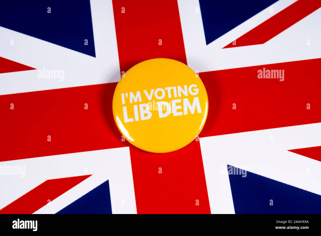 London, UK - November 21st 2019: I’m Voting Lib Dem pin badge, pictured ...