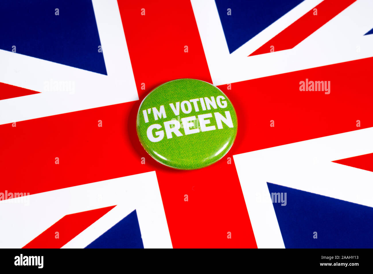 London, UK - November 21st 2019: I’m Voting Green pin badge, pictured ...