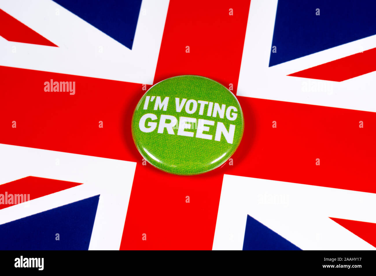 London, UK - November 21st 2019: I’m Voting Green pin badge, pictured ...