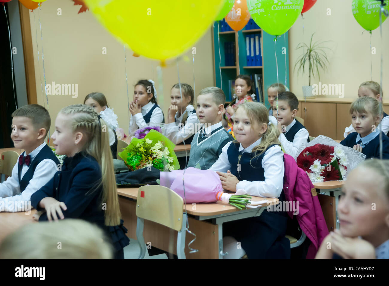 Tyumen, Russia - September 1, 2019: Gymnasium number 5. Students of ...