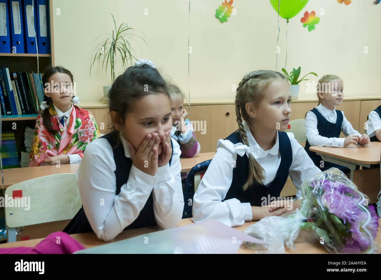 Tyumen, Russia - September 1, 2019: Gymnasium number 5. Students of ...