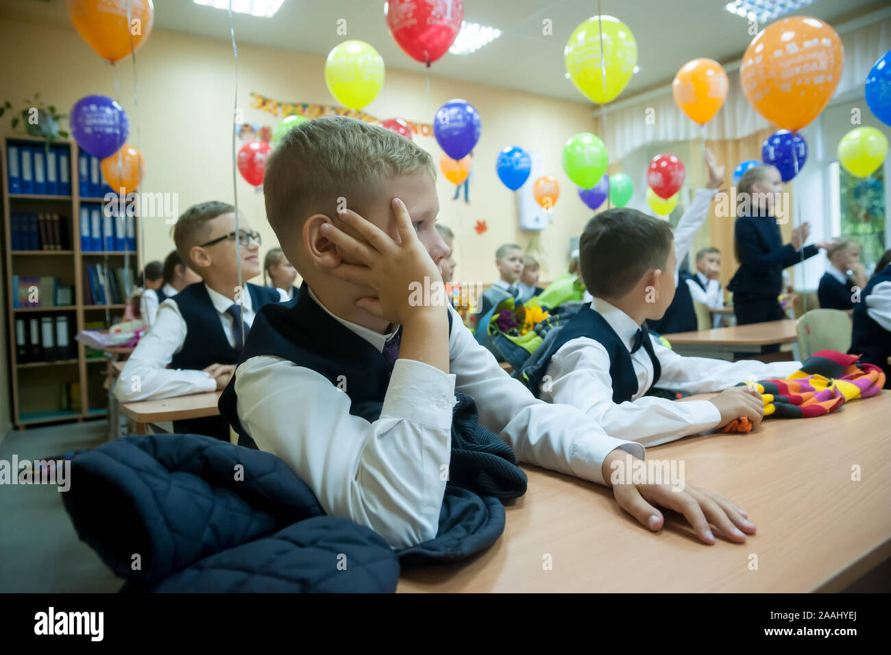Tyumen, Russia - September 1, 2019: Gymnasium number 5. Students of ...
