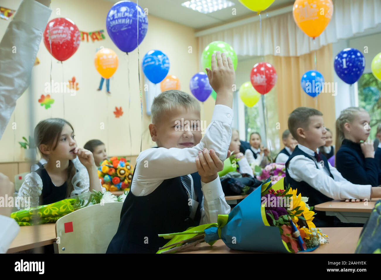 Tyumen, Russia - September 1, 2019: Gymnasium number 5. Students of ...