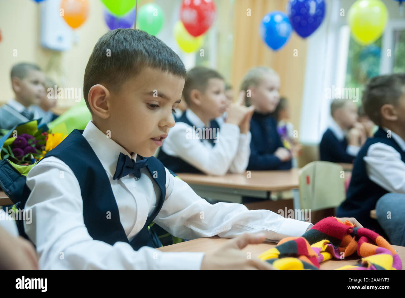 Tyumen, Russia - September 1, 2019: Gymnasium number 5. Students of ...