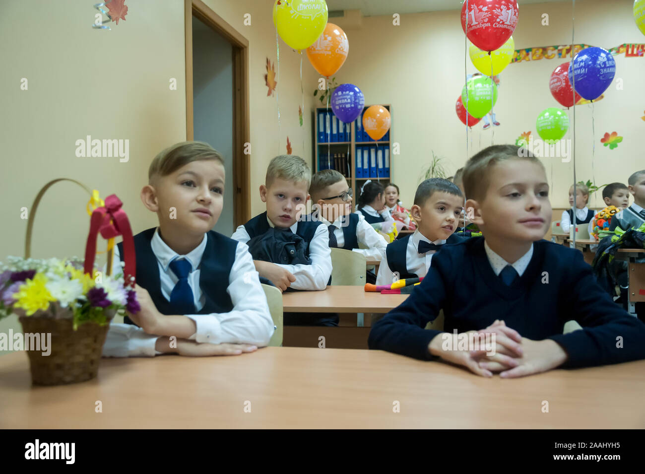 Tyumen, Russia - September 1, 2019: Gymnasium number 5. Students of ...