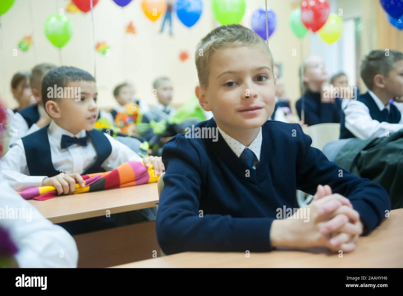 Tyumen, Russia - September 1, 2019: Gymnasium number 5. Students of ...
