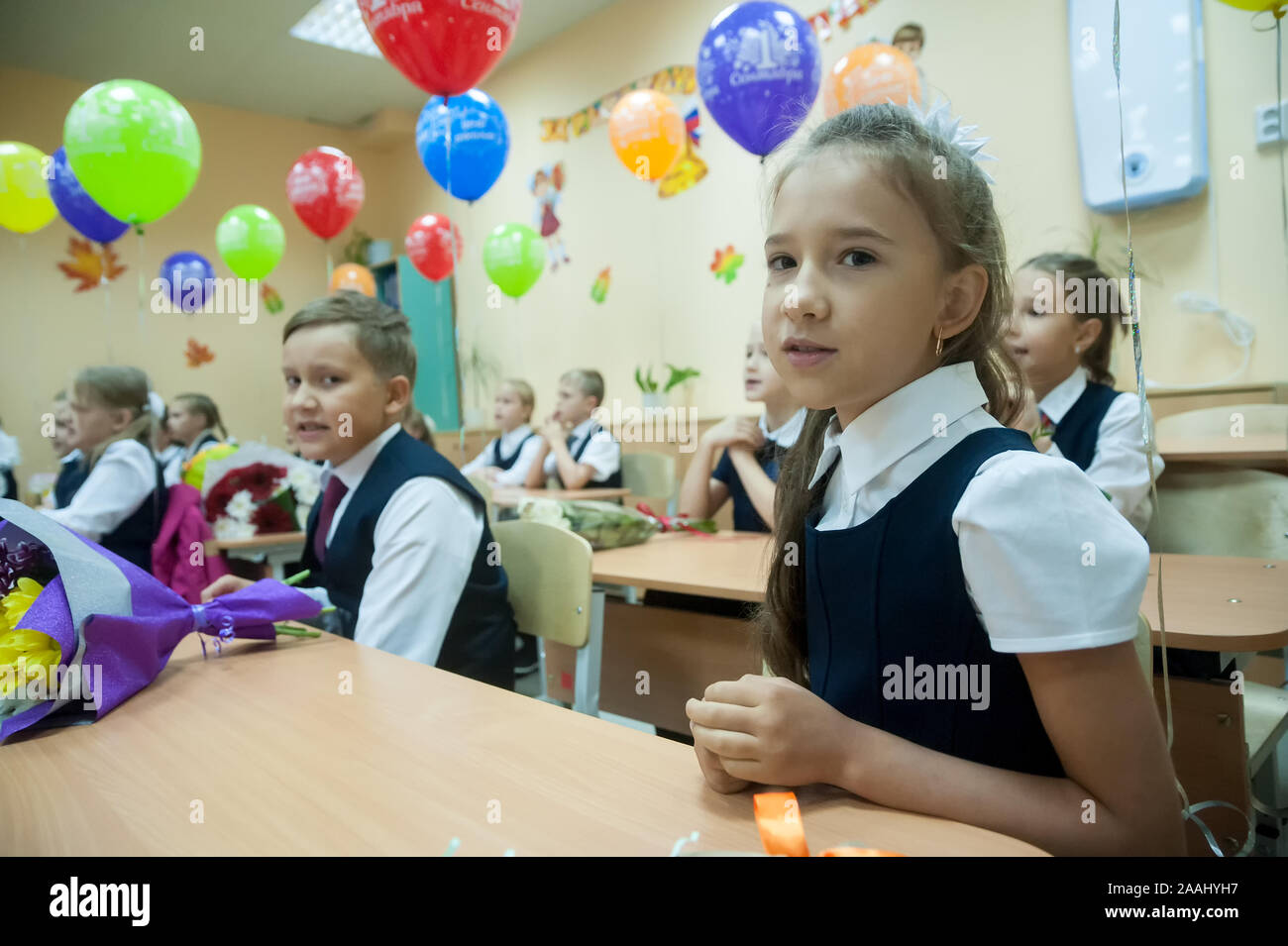 Tyumen, Russia - September 1, 2019: Gymnasium number 5. Students of ...