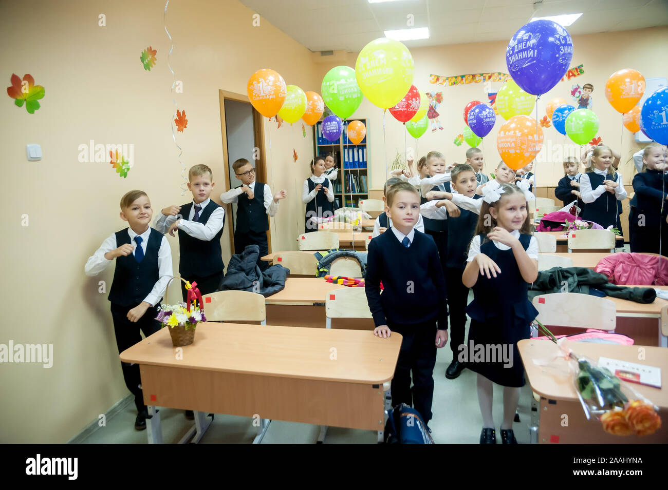 Tyumen, Russia - September 1, 2019: Gymnasium number 5. Students of ...