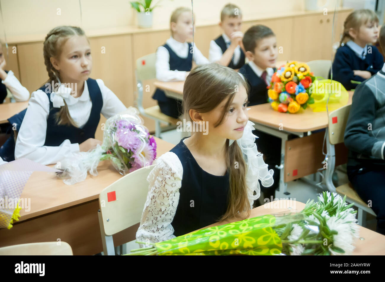 Tyumen, Russia - September 1, 2019: Gymnasium number 5. Students of ...