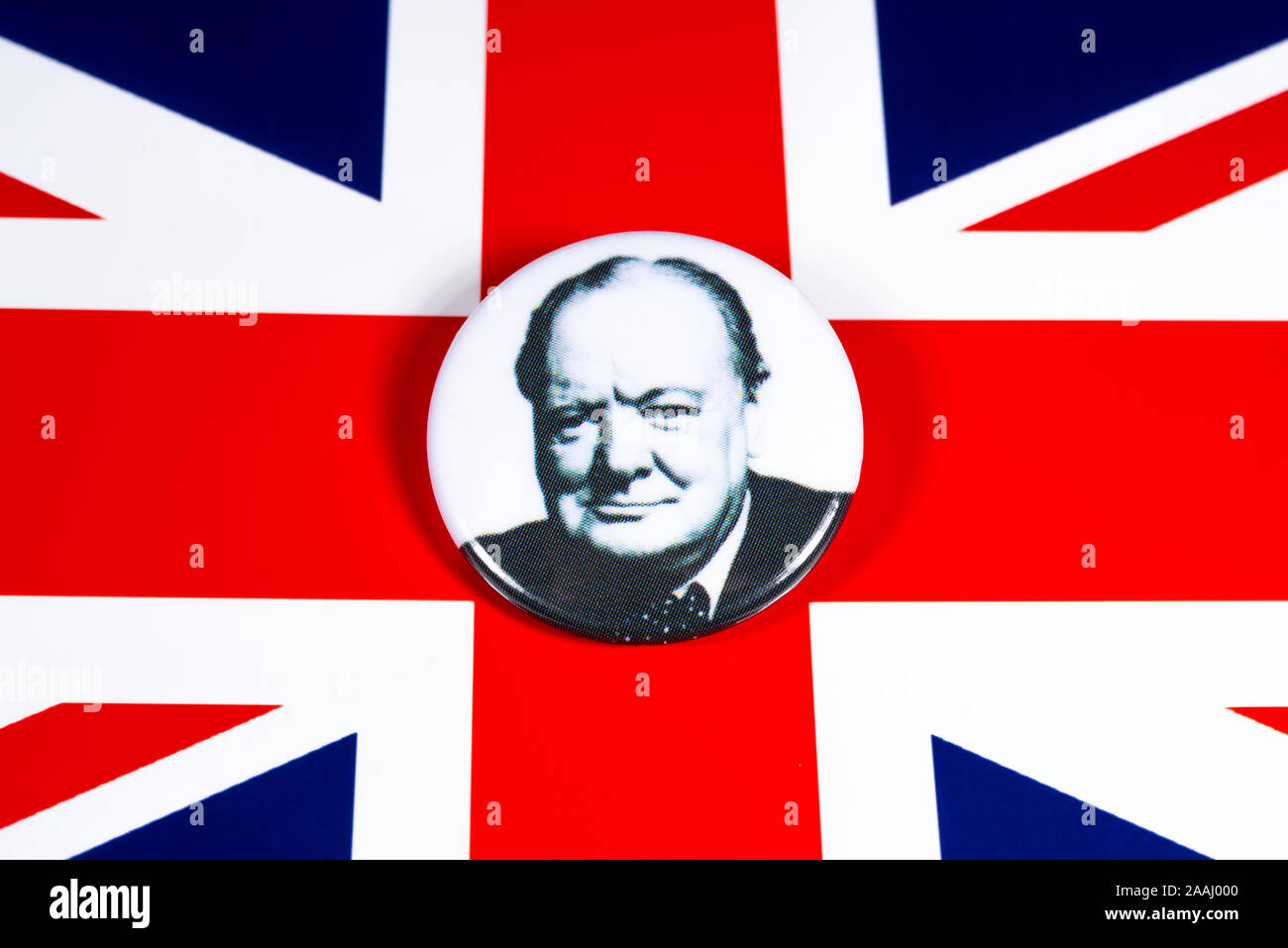 London, UK - November 21st 2019: A pin badge with a portrait of famous ...