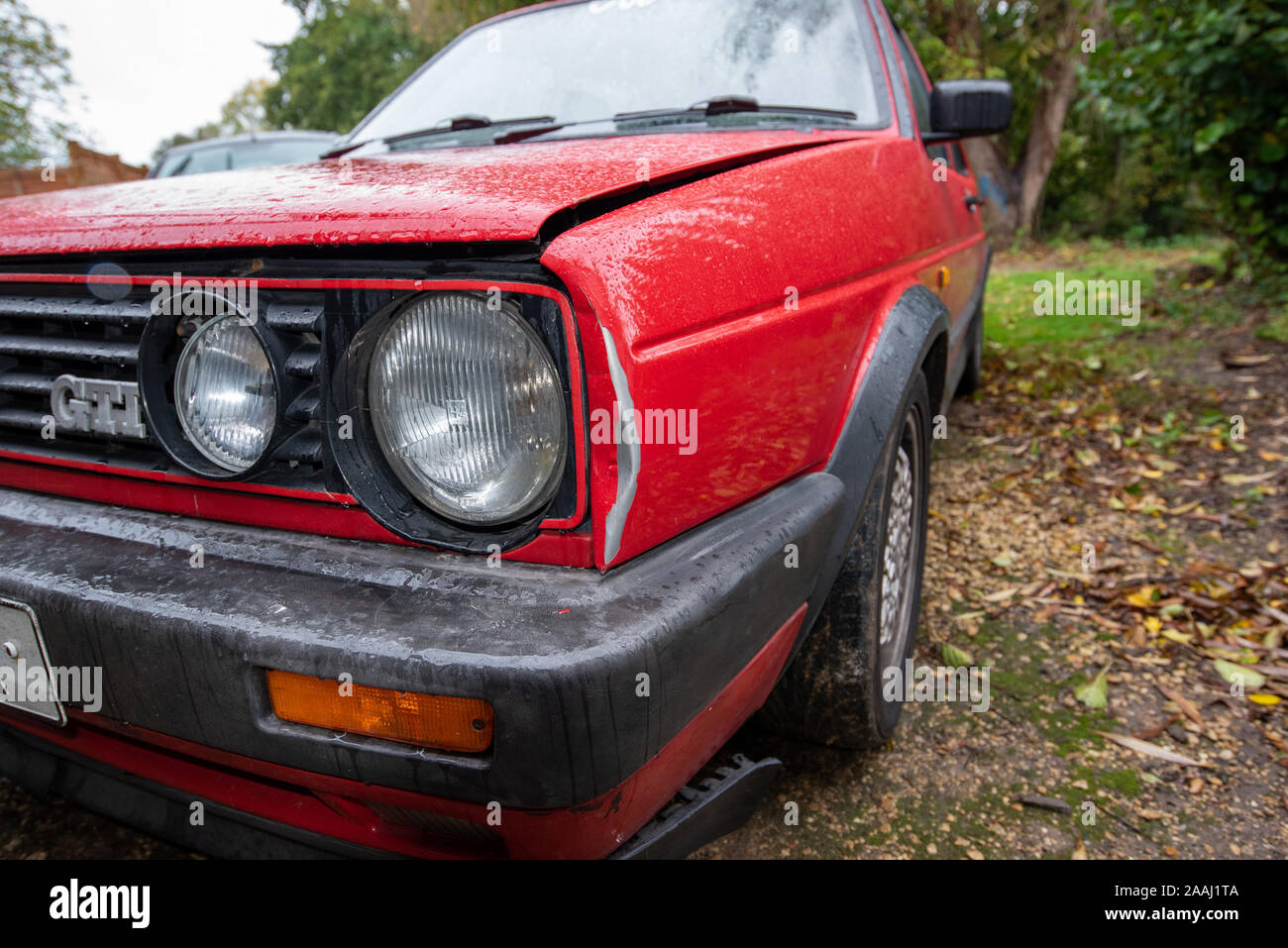 Classic Volkswagen Golf GTI red: Car crash damage and details close up ...