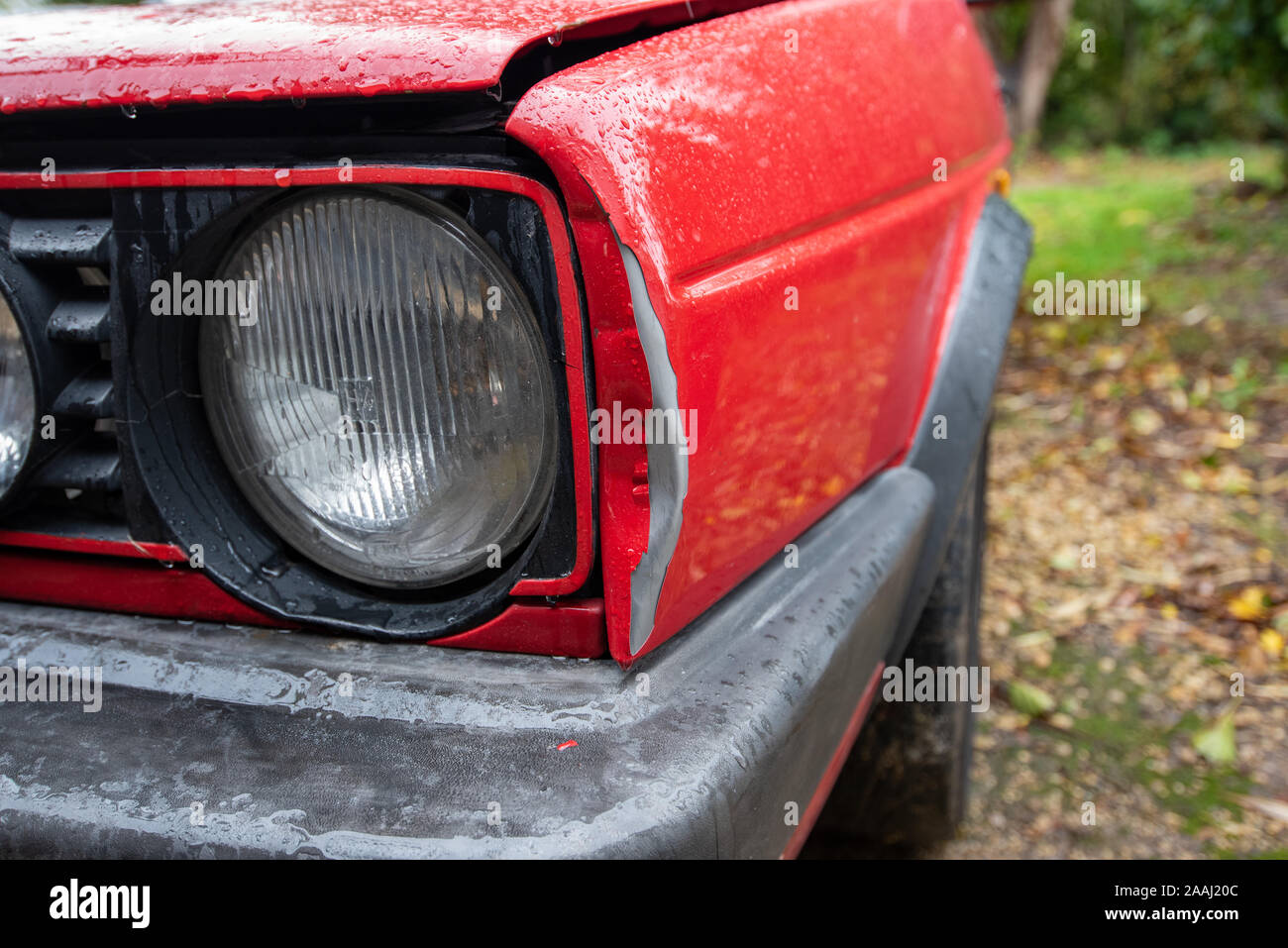 Classic Volkswagen Golf GTI red: Car crash damage and details close up ...