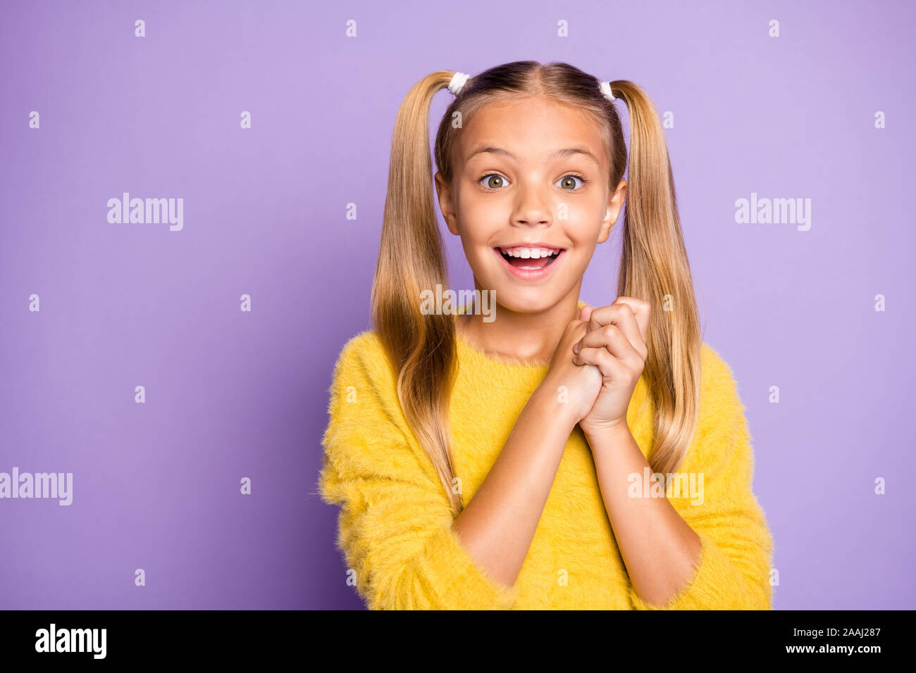 Photo of cheerful positive cute girl expressing positive emotions on ...