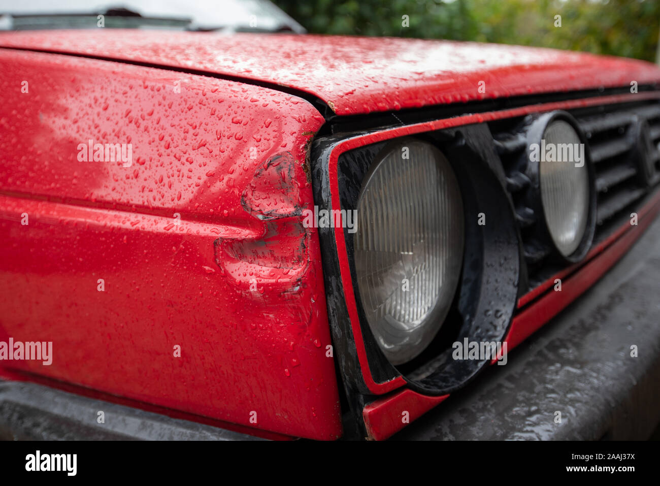 Classic Volkswagen Golf GTI red: Car crash damage and details close up ...