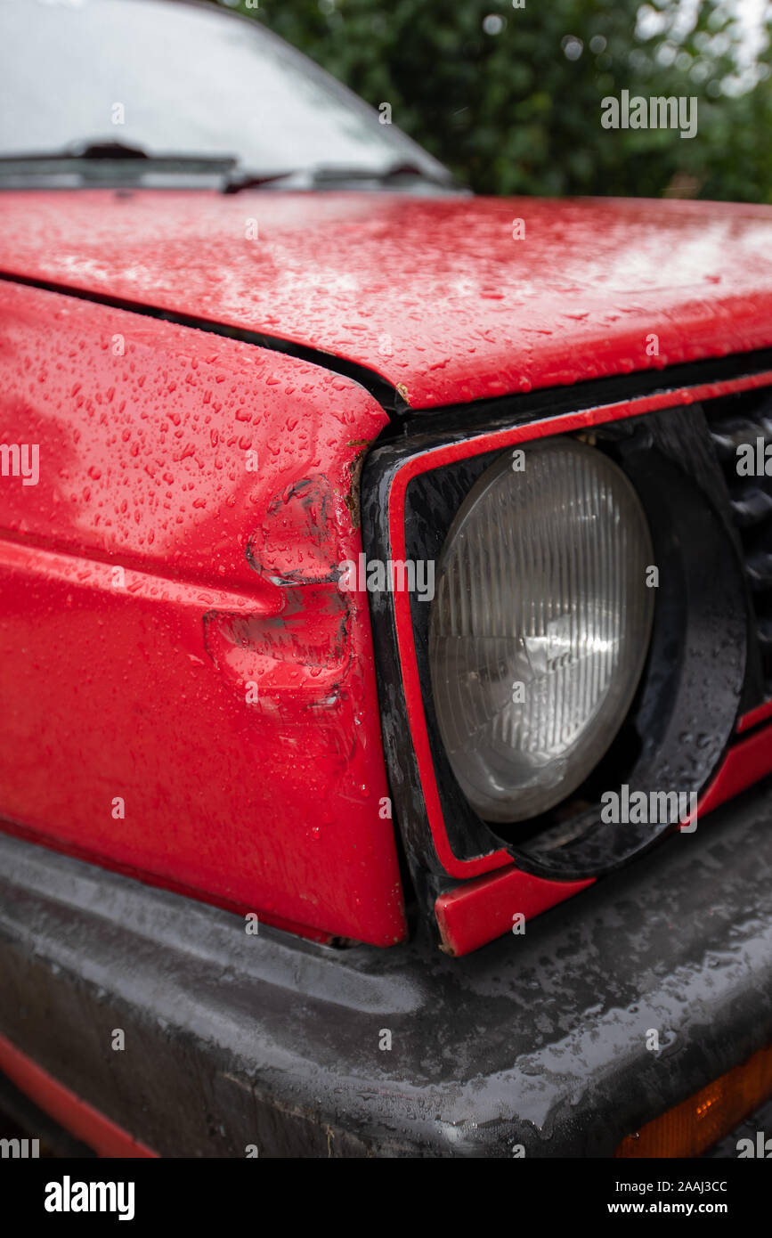 Classic Volkswagen Golf GTI red: Car crash damage and details close up ...