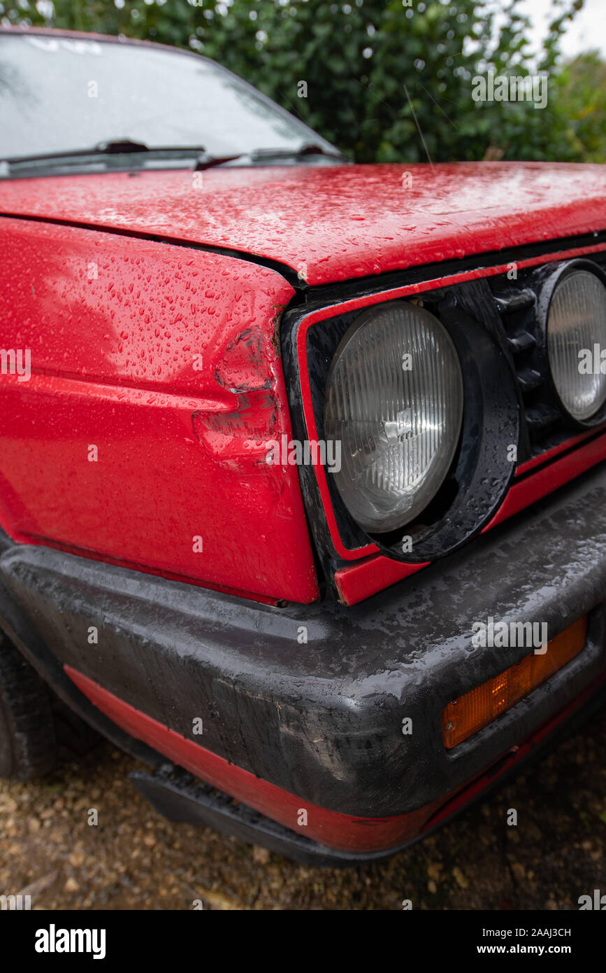 Classic Volkswagen Golf GTI red: Car crash damage and details close up ...