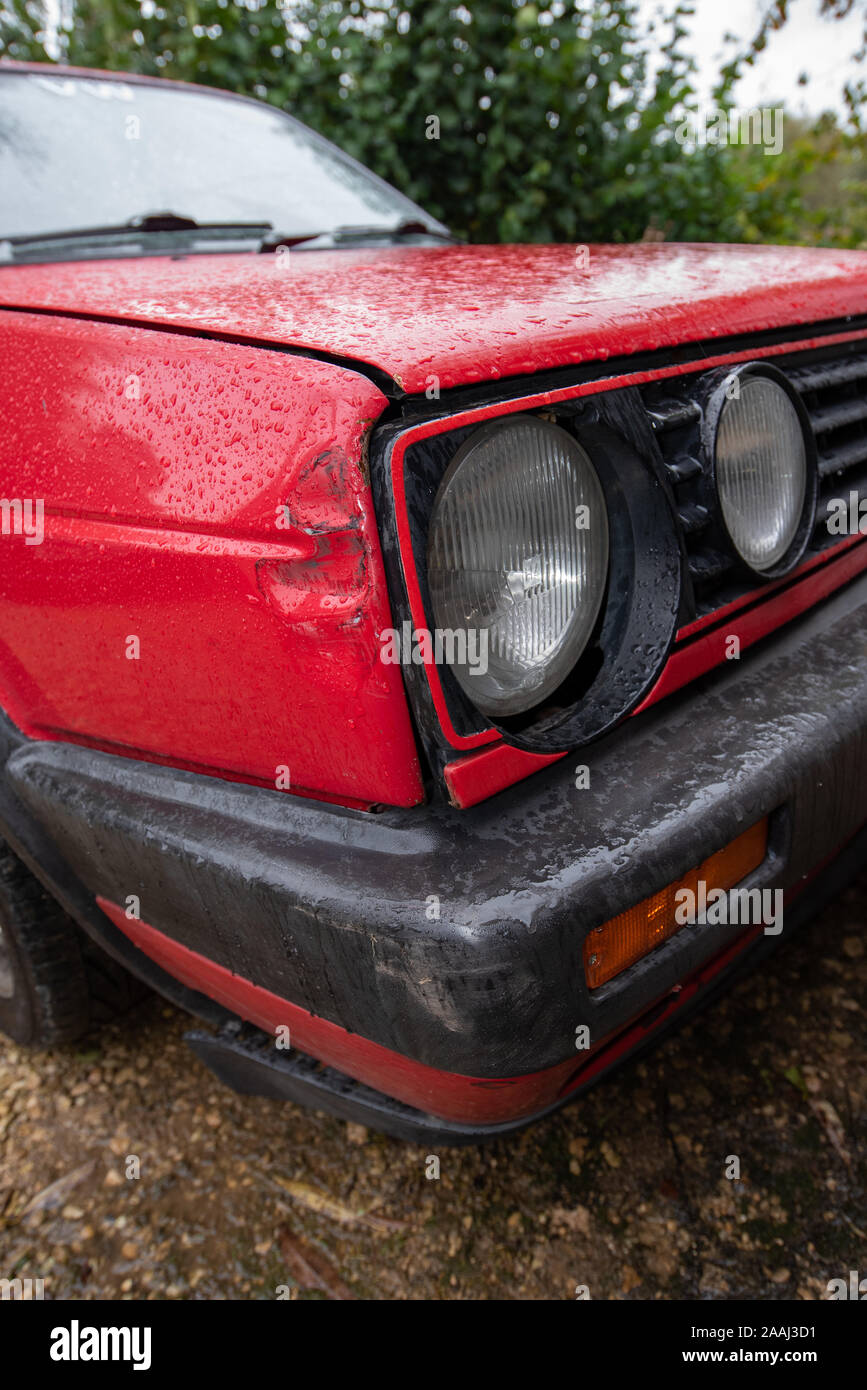 Classic Volkswagen Golf GTI red: Car crash damage and details close up ...