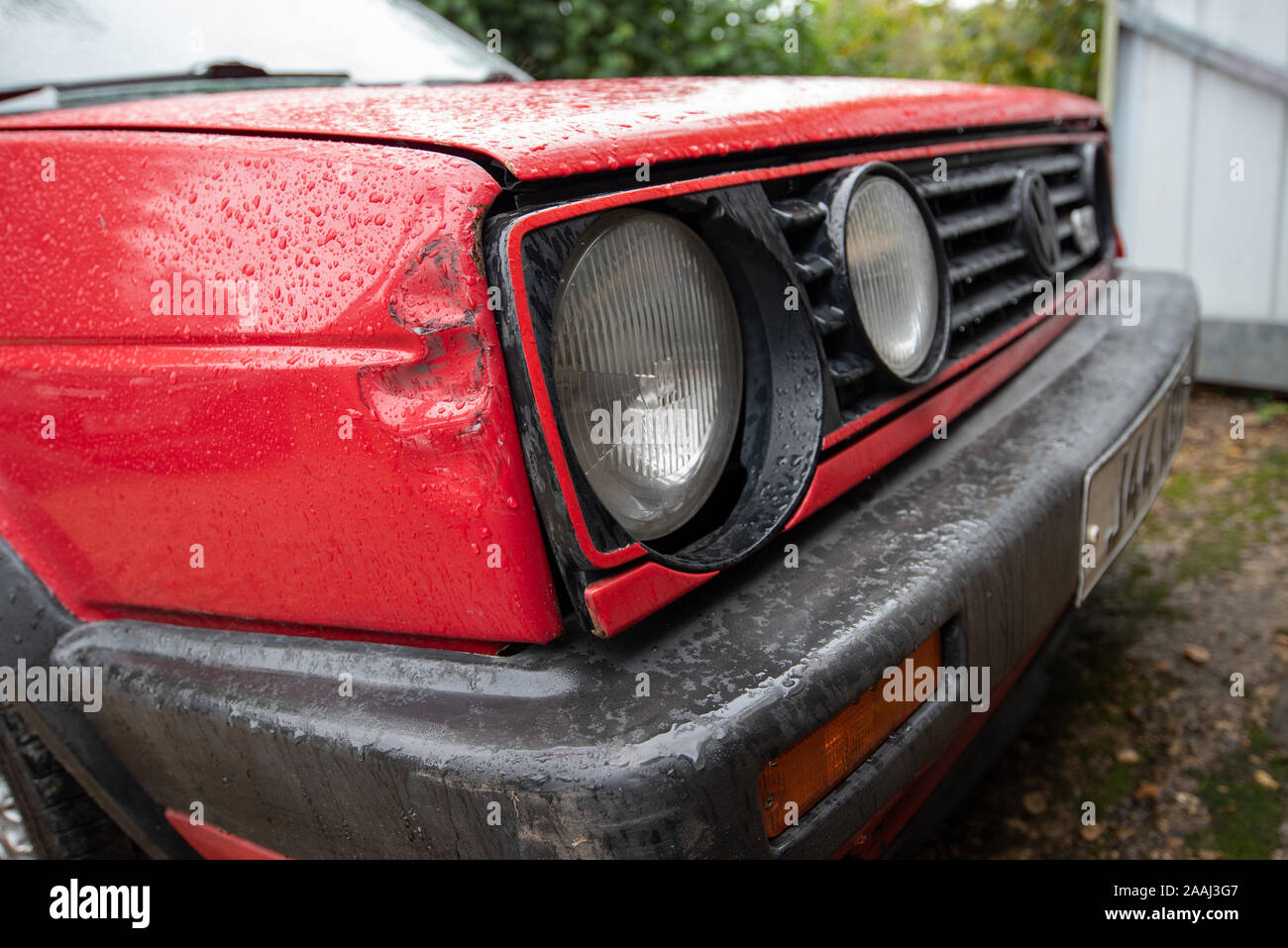 Classic Volkswagen Golf GTI red: Car crash damage and details close up ...