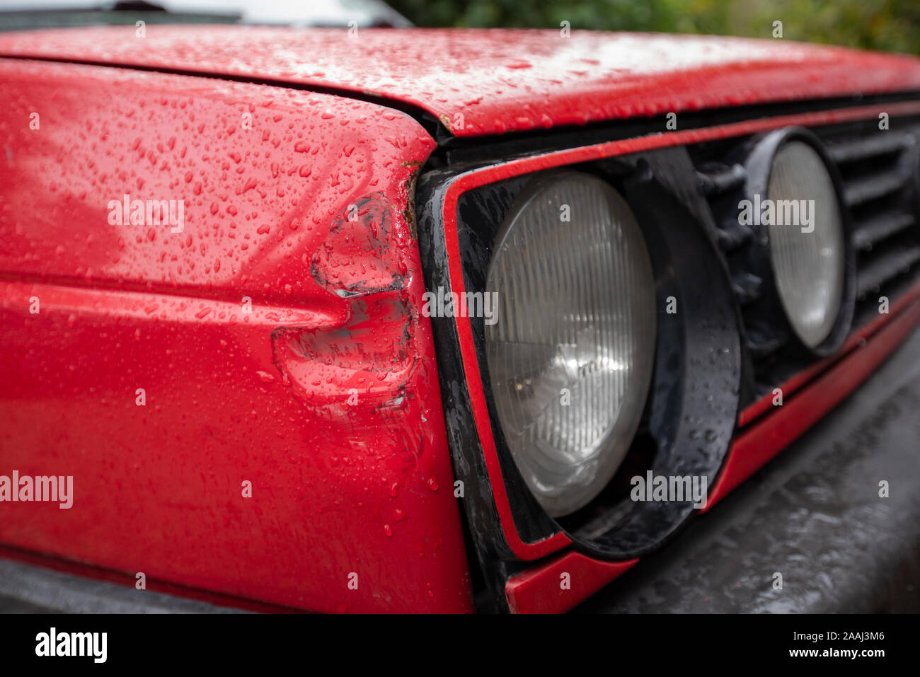 Classic Volkswagen Golf GTI red: Car crash damage and details close up ...