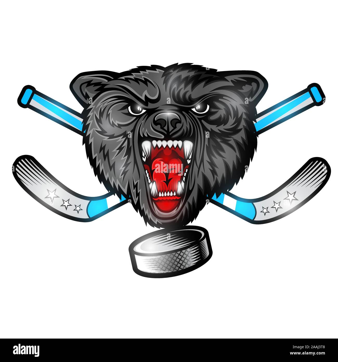 Beast wolf face from the front view with hockey puck and crossed stick ...