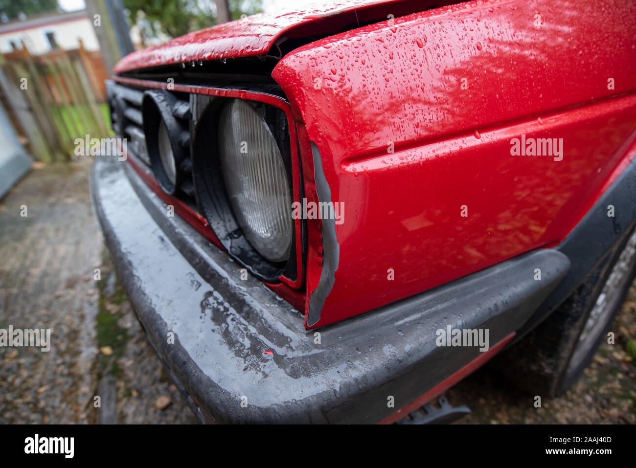 Classic Volkswagen Golf GTI red: Car crash damage and details close up ...