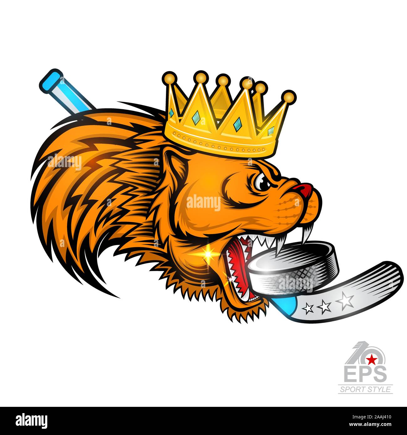 Gold crown on side view predator head with crossed hockey sticks and ...