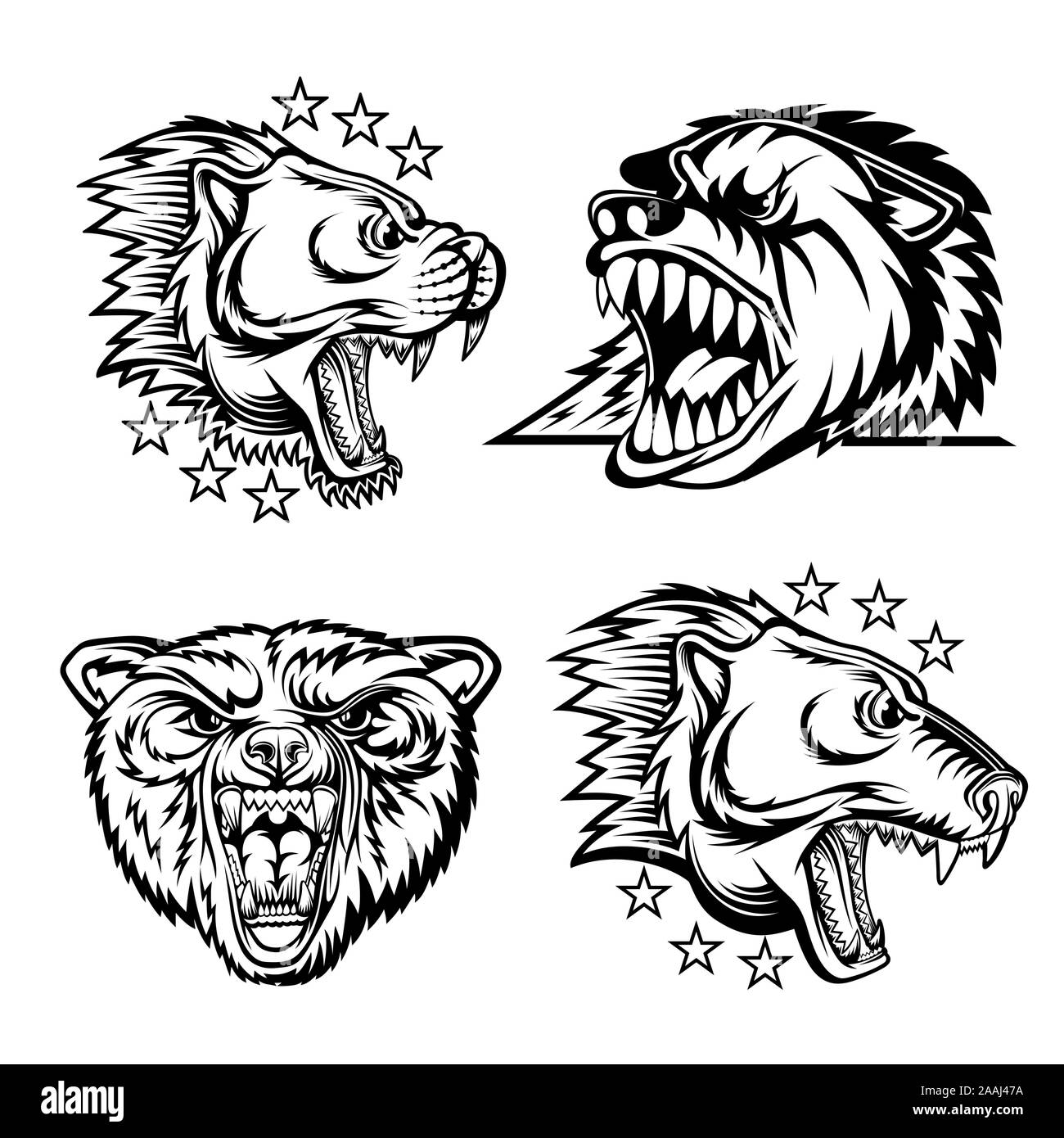Set of beast head with bared teeth isolated on white. Black on white ...
