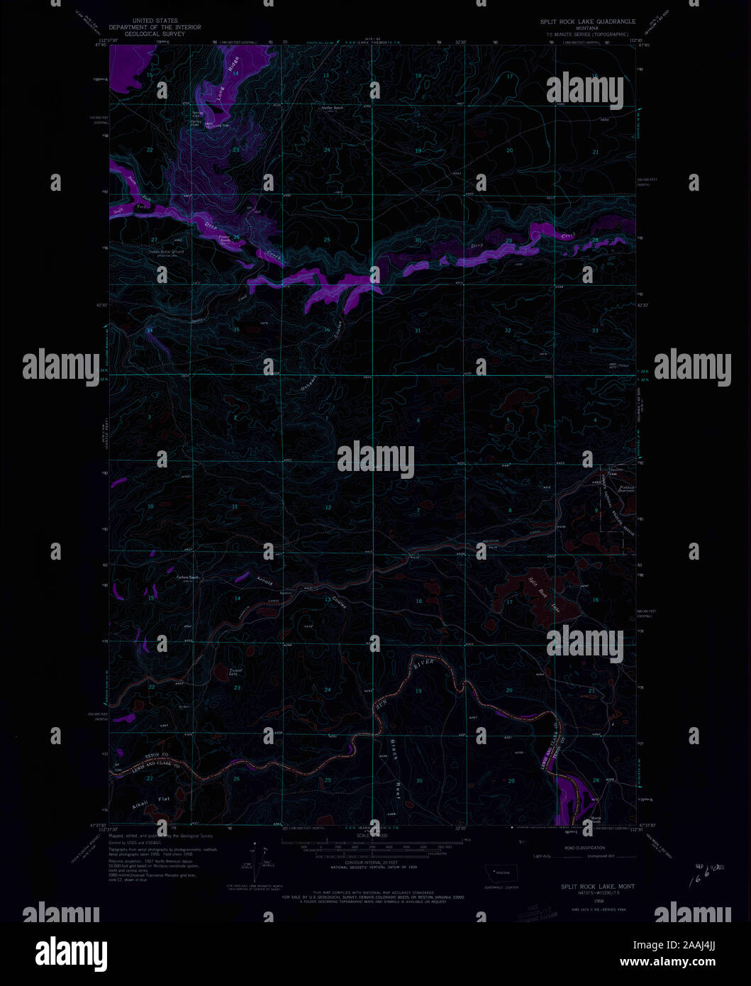 USGS TOPO Map Montana MT Split Rock Lake 266847 1958 24000 geo Inverted ...