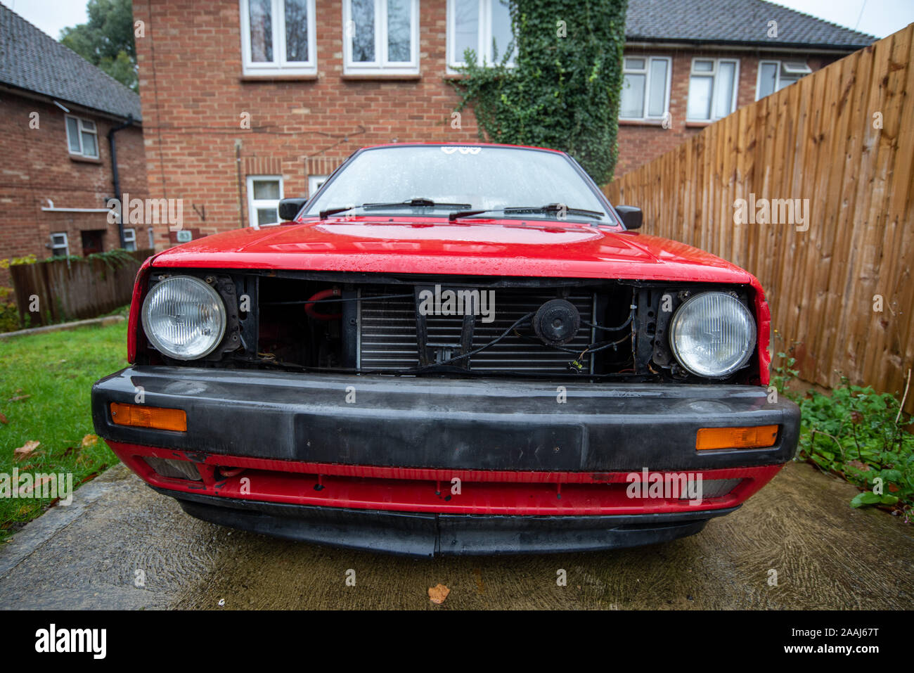 Classic Volkswagen Golf GTI red: Car crash damage and details close up ...