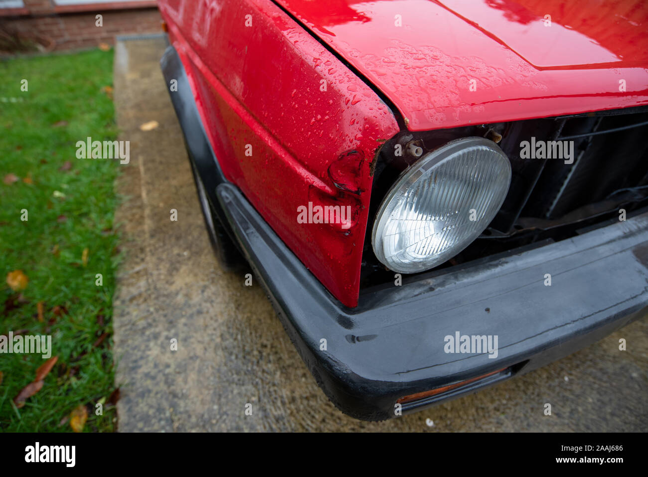 Classic Volkswagen Golf GTI red: Car crash damage and details close up ...