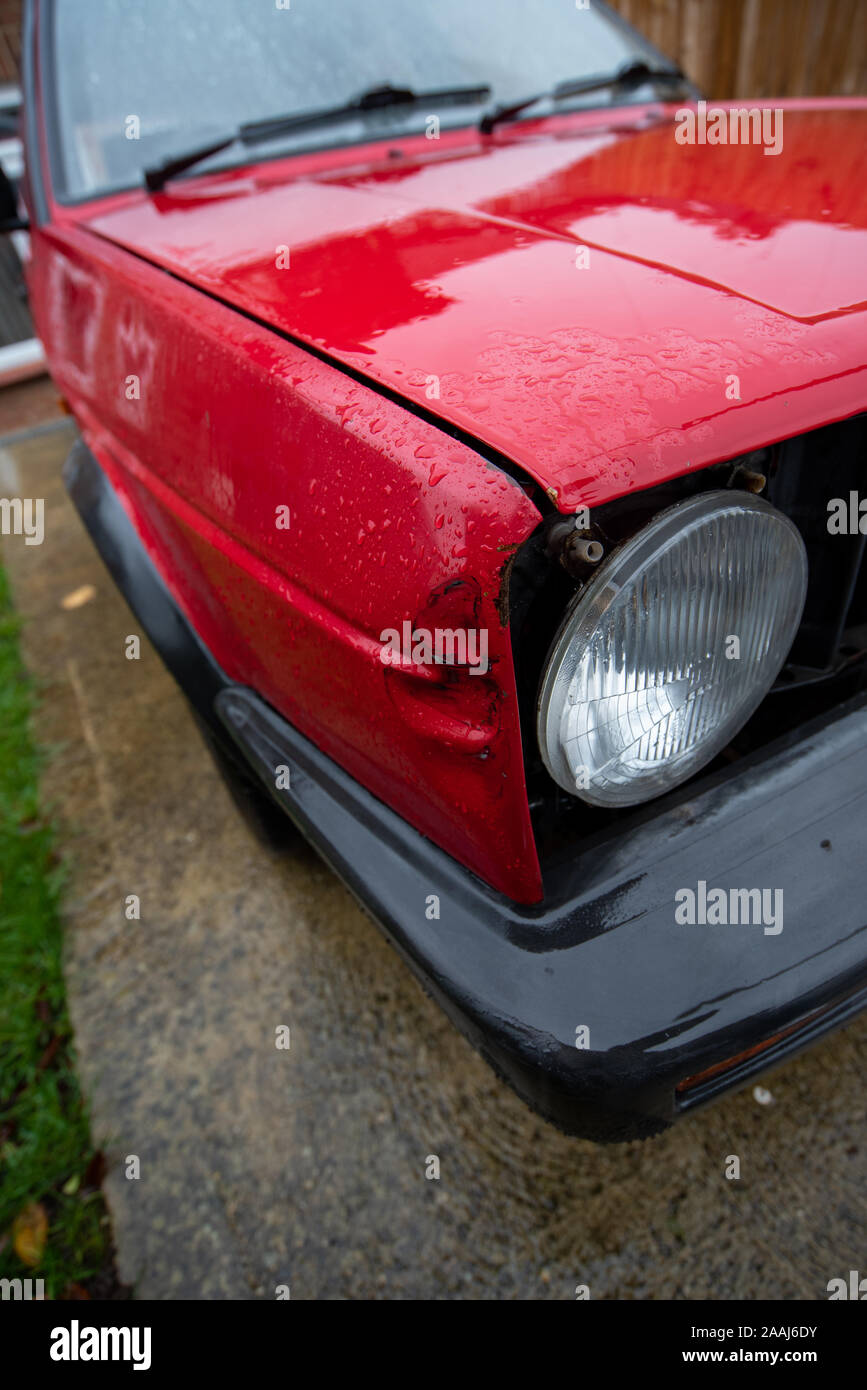 Classic Volkswagen Golf GTI red: Car crash damage and details close up ...