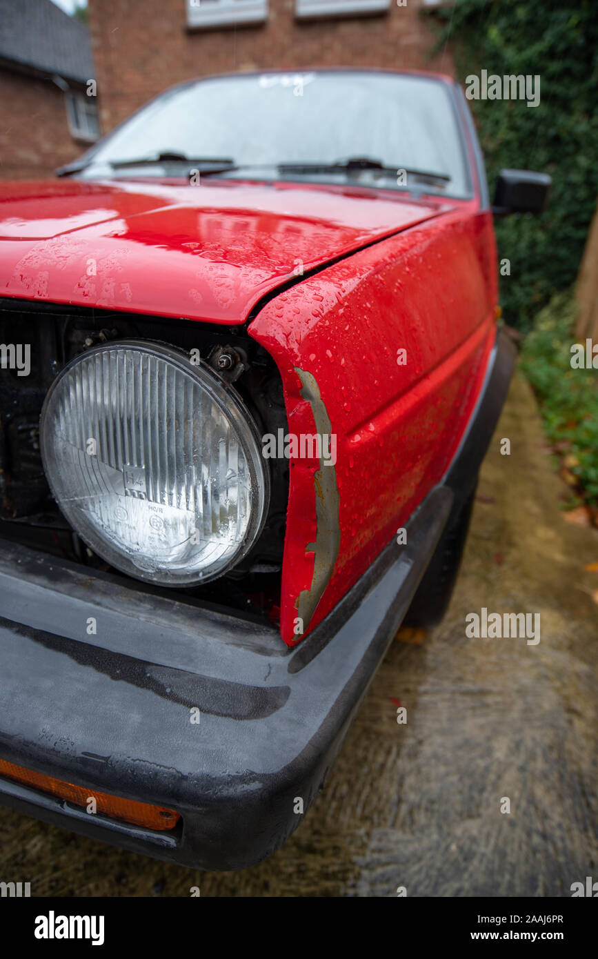 Classic Volkswagen Golf GTI red: Car crash damage and details close up ...