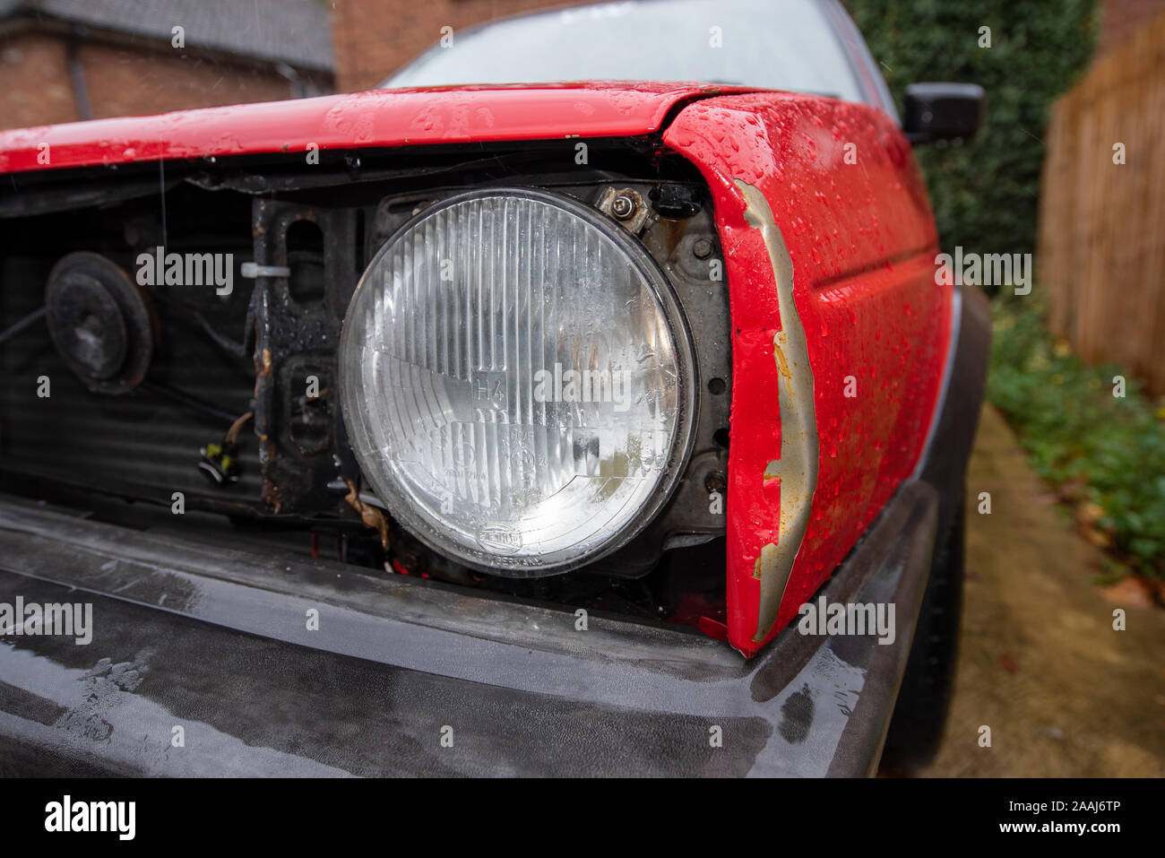 Classic Volkswagen Golf GTI red: Car crash damage and details close up ...