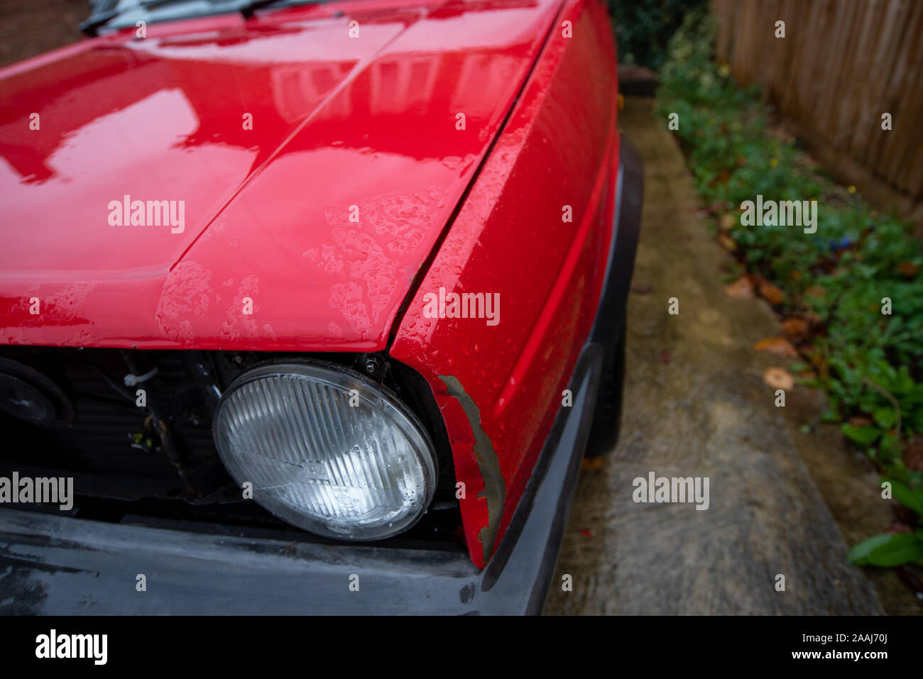 Classic Volkswagen Golf GTI red: Car crash damage and details close up ...
