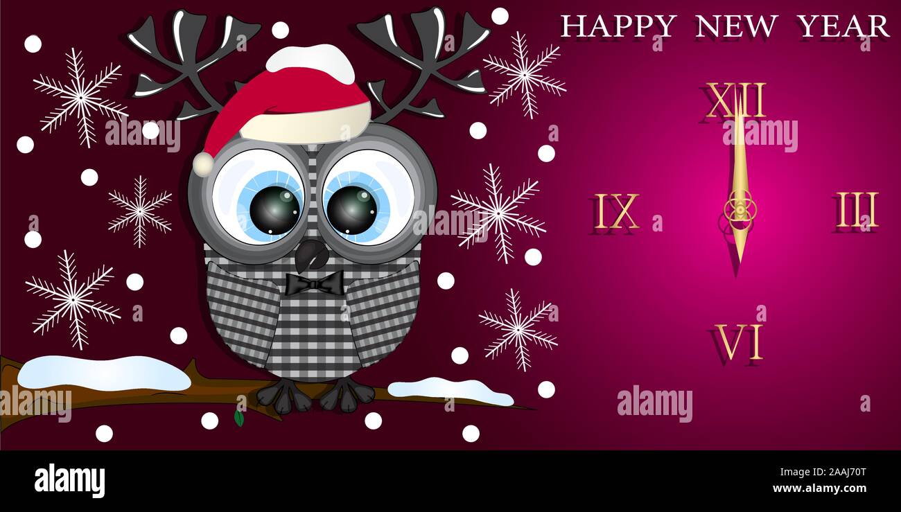 New year greeting card with cute owl. vector illustration Stock Vector ...