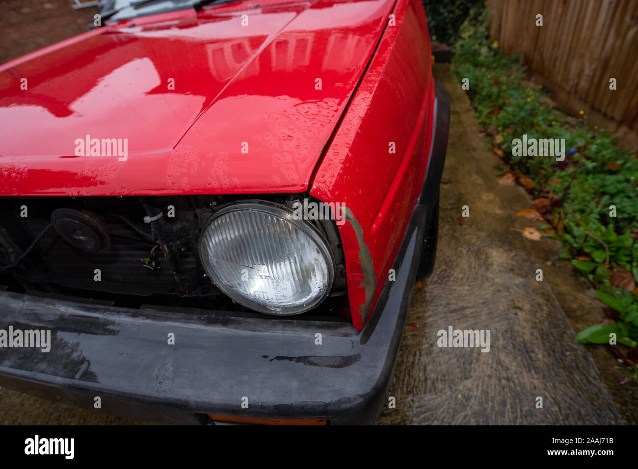 Classic Volkswagen Golf GTI red: Car crash damage and details close up ...