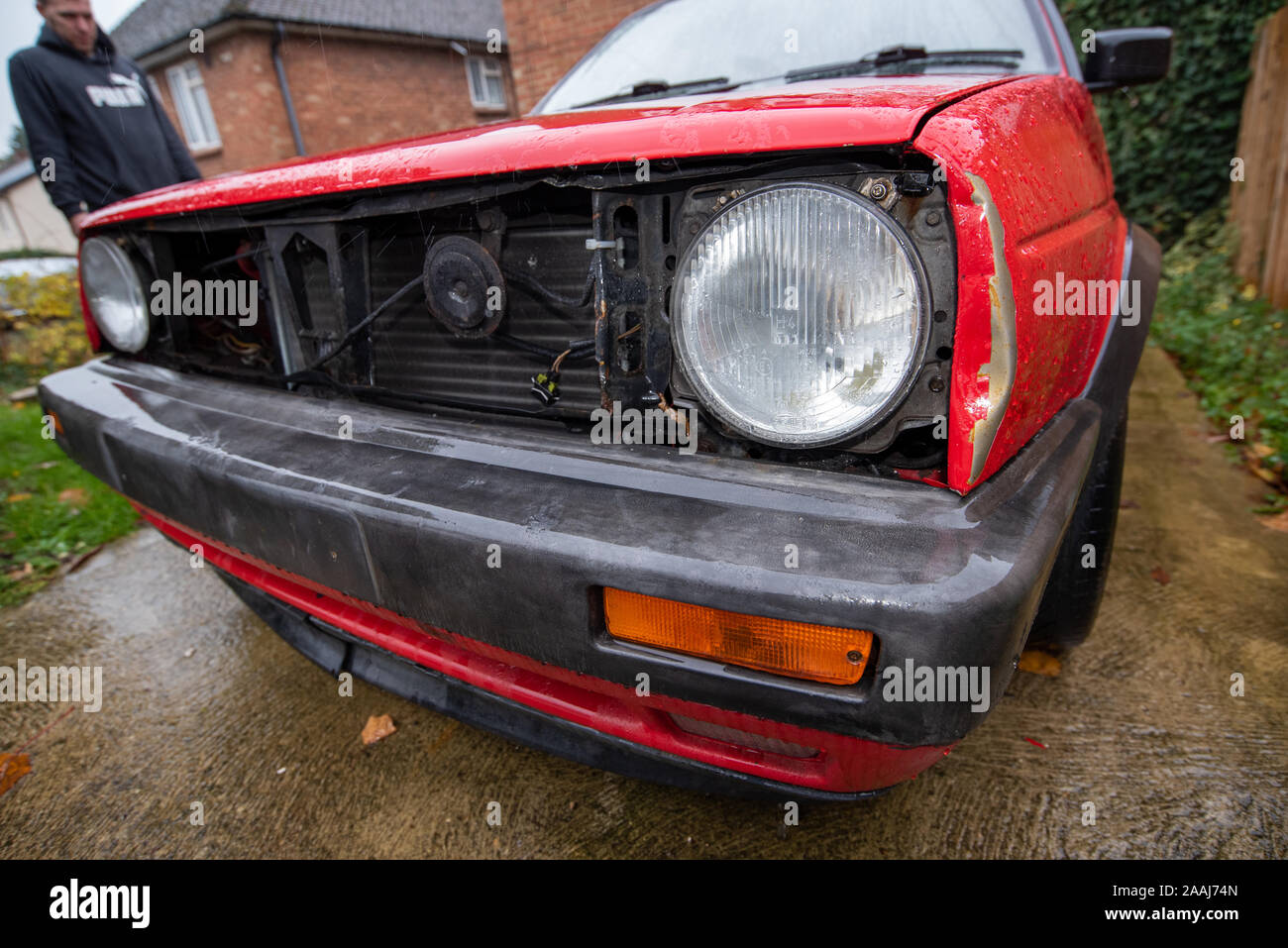 Classic Volkswagen Golf GTI red: Car crash damage and details close up ...