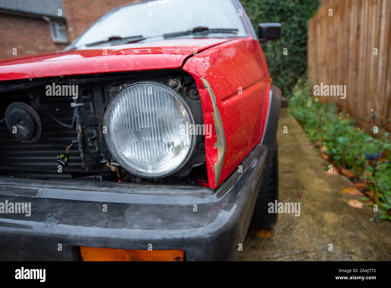 Classic Volkswagen Golf GTI red: Car crash damage and details close up ...