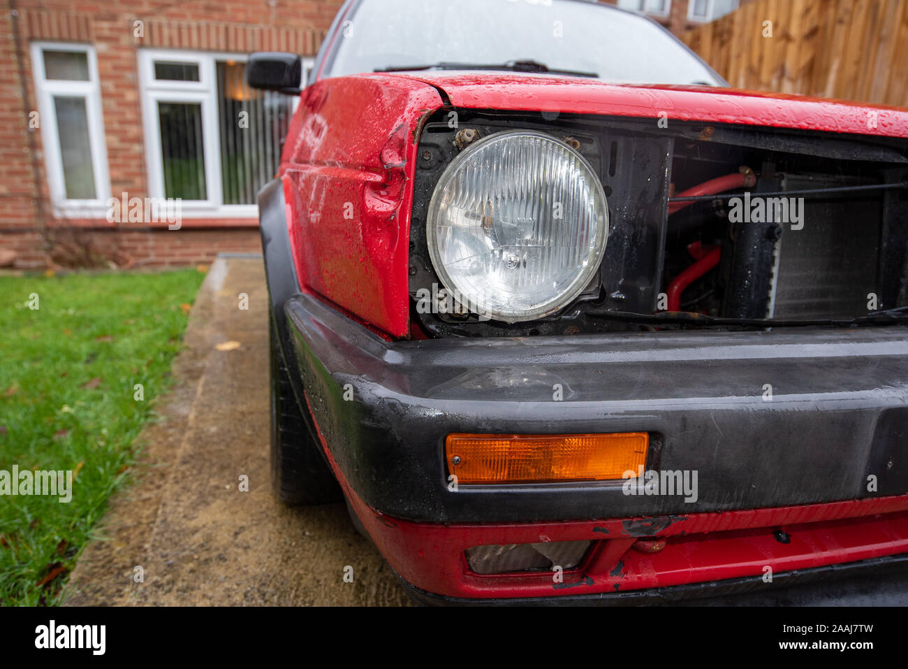 Classic Volkswagen Golf GTI red: Car crash damage and details close up ...
