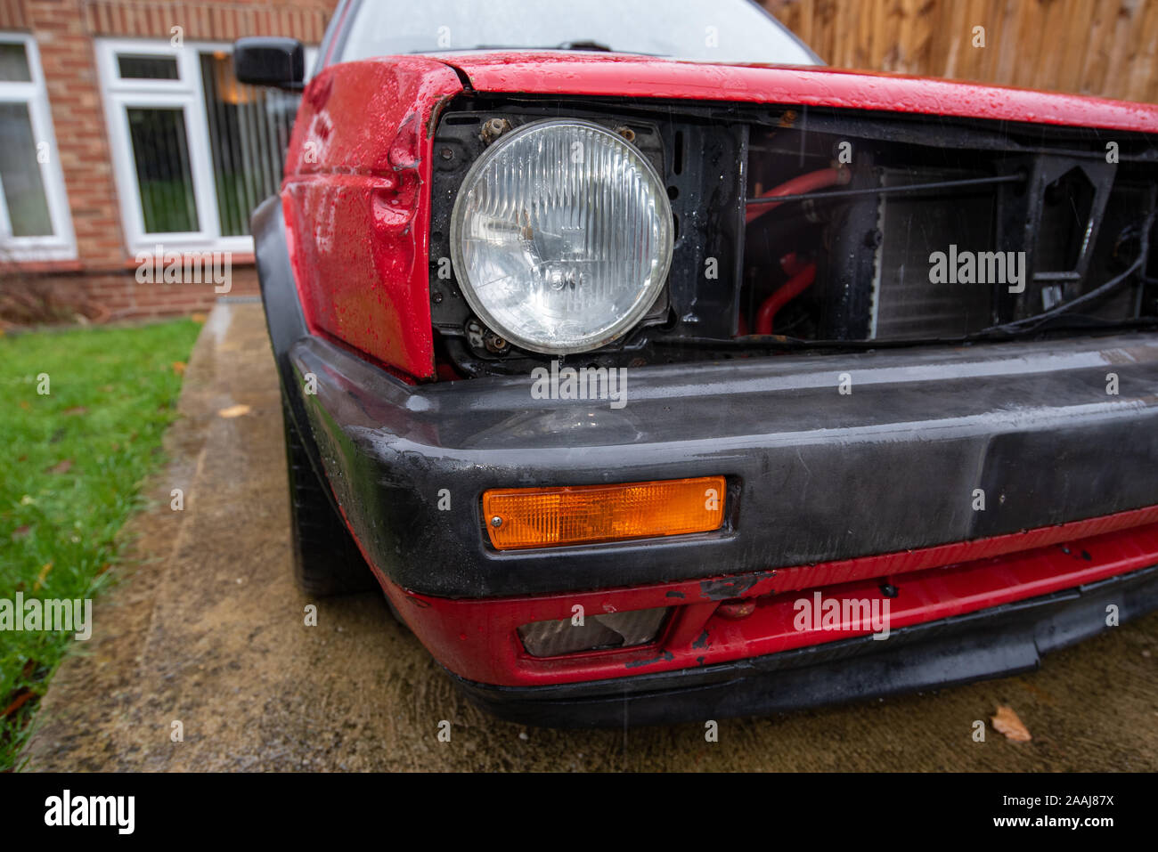 Classic Volkswagen Golf GTI red: Car crash damage and details close up ...