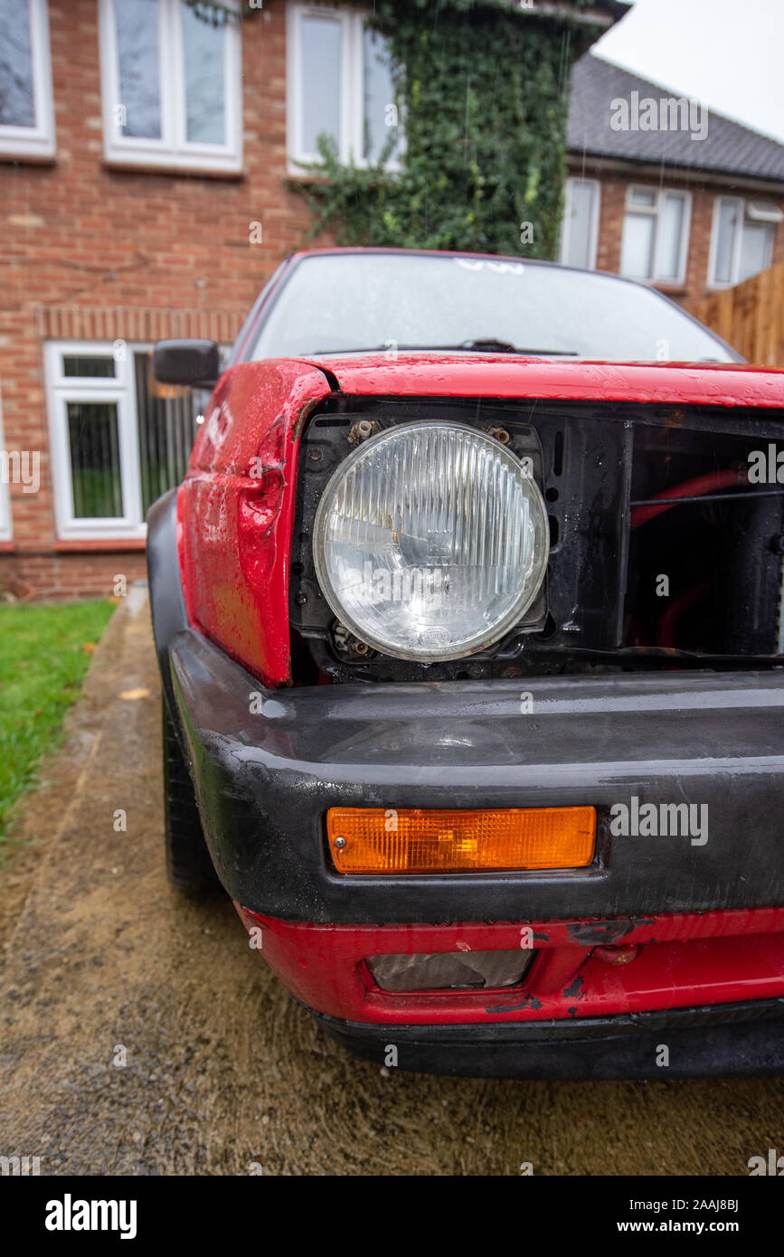 Classic Volkswagen Golf GTI red: Car crash damage and details close up ...