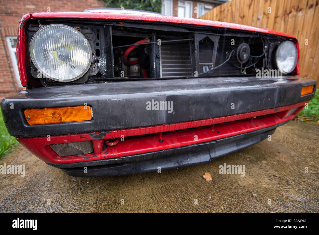 Classic Volkswagen Golf GTI red: Car crash damage and details close up ...