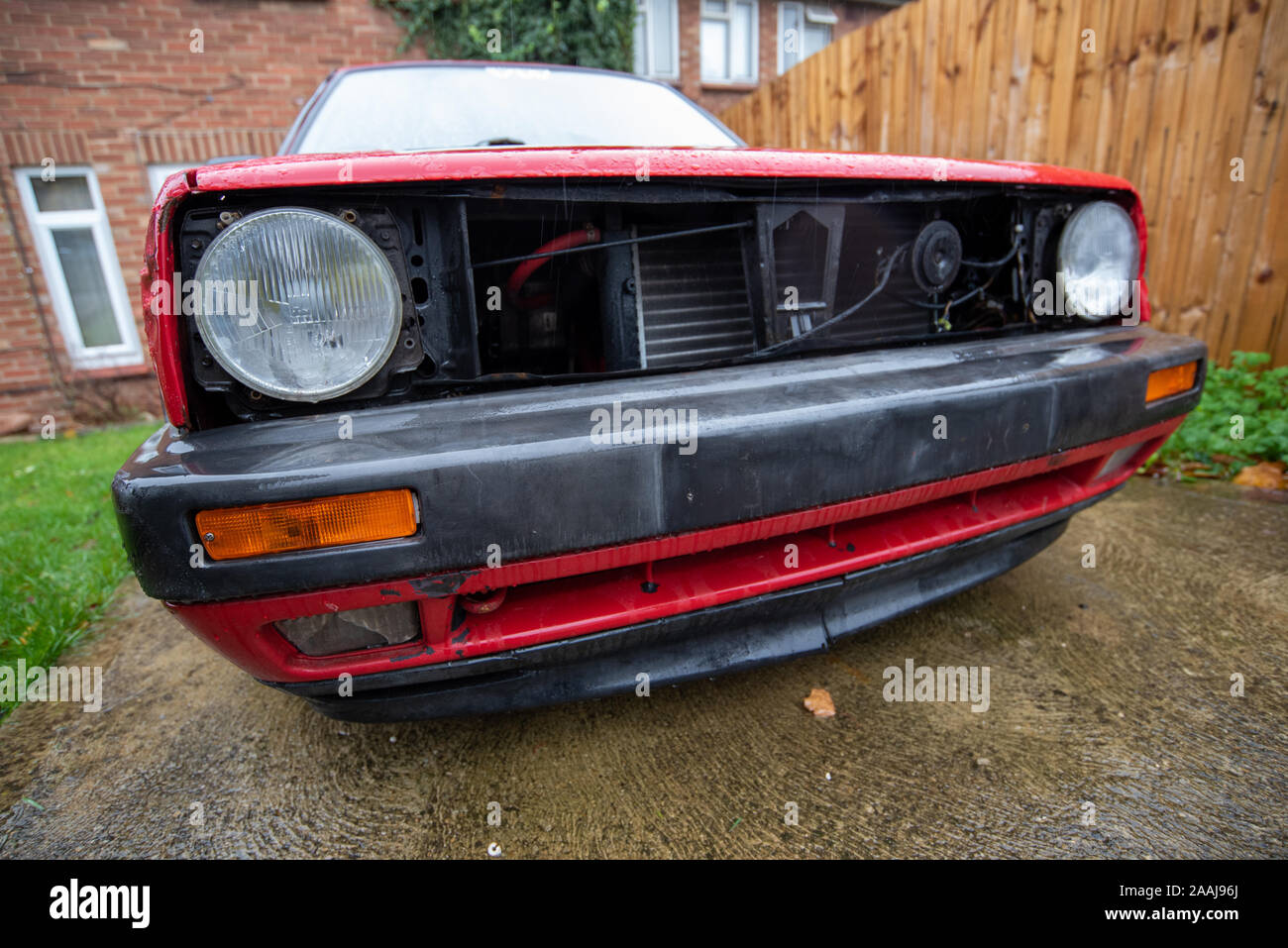 Classic Volkswagen Golf GTI red: Car crash damage and details close up ...