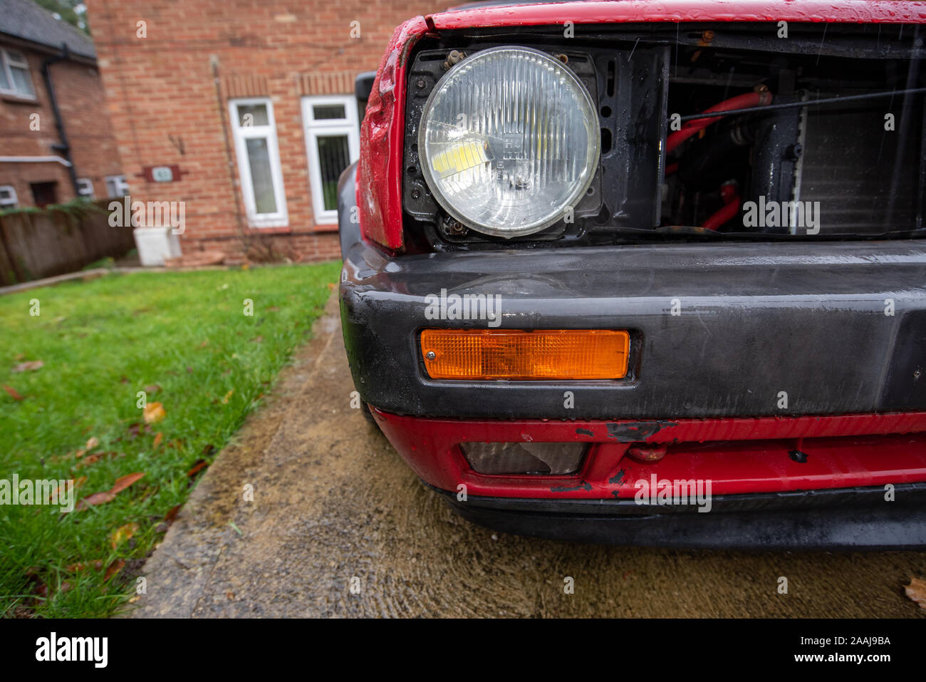 Classic Volkswagen Golf GTI red: Car crash damage and details close up ...