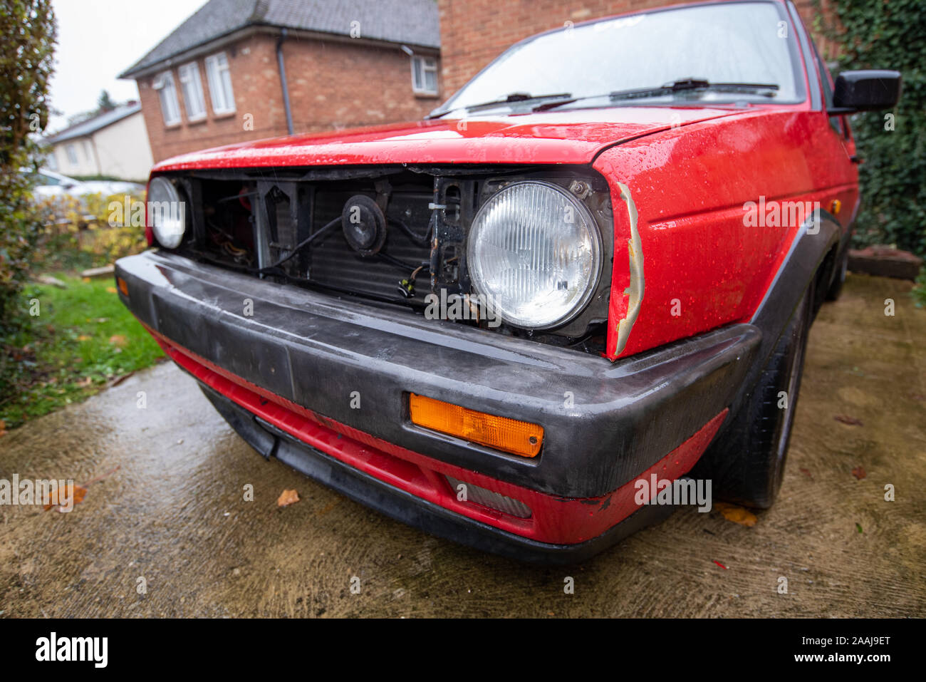 Classic Volkswagen Golf GTI red: Car crash damage and details close up ...