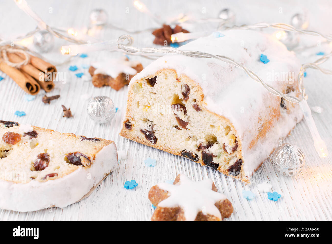 traditional german christmas cake stollen with cookies and decoration ...