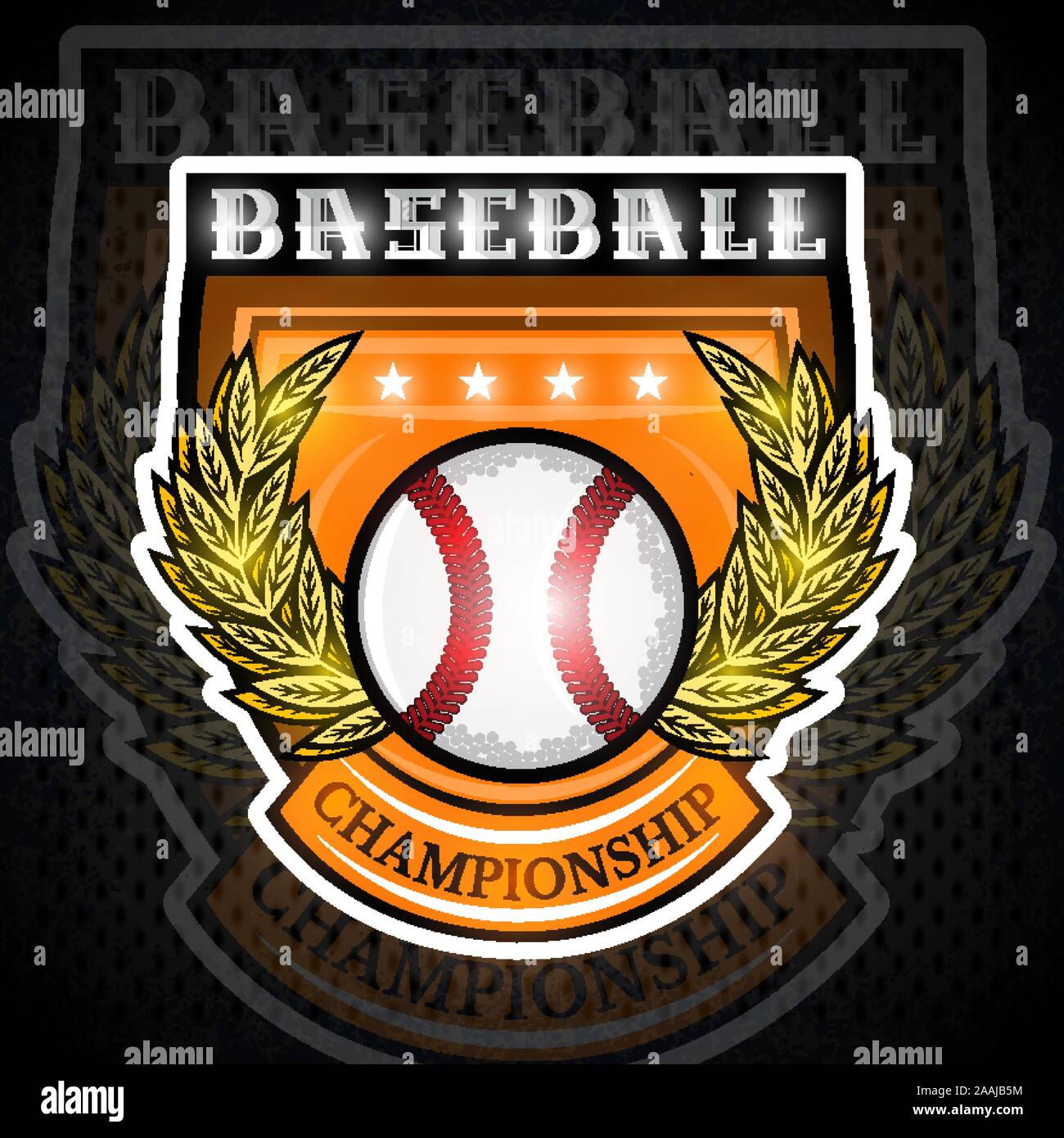 Baseball ball in the middle of golden wreath on shield. Sport logo ...