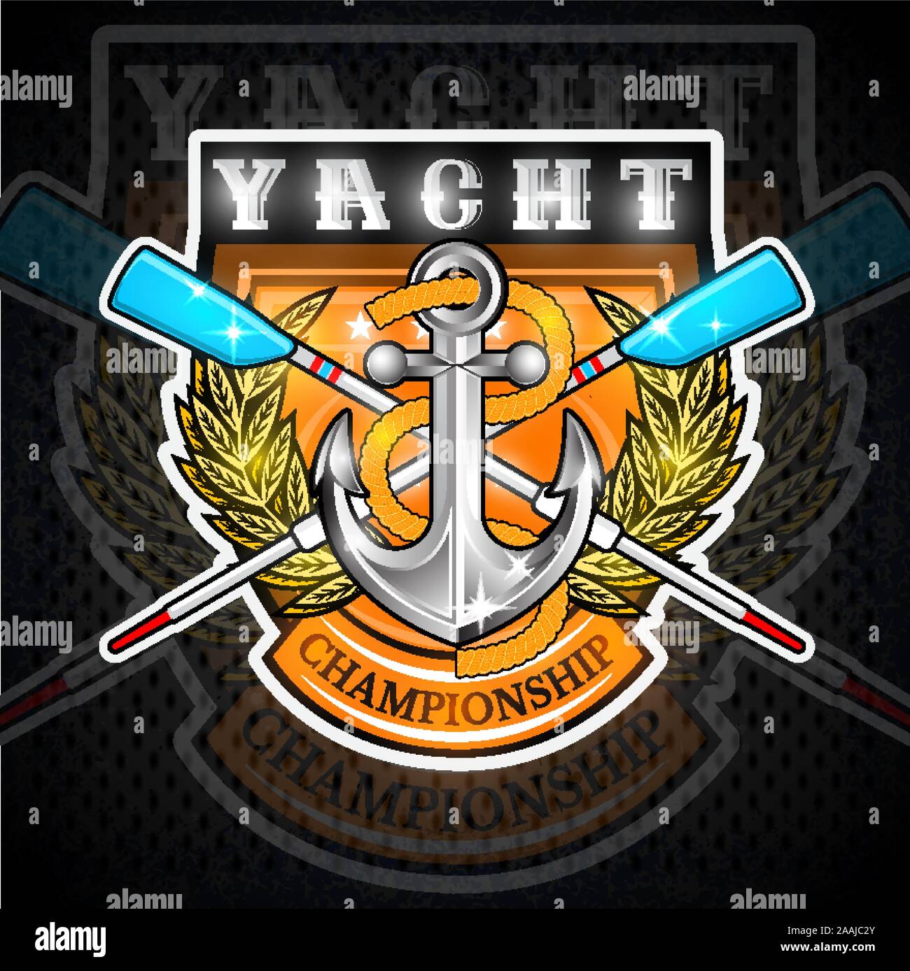 Modern crossed oars for rowing with anchor in the middle of golden ...