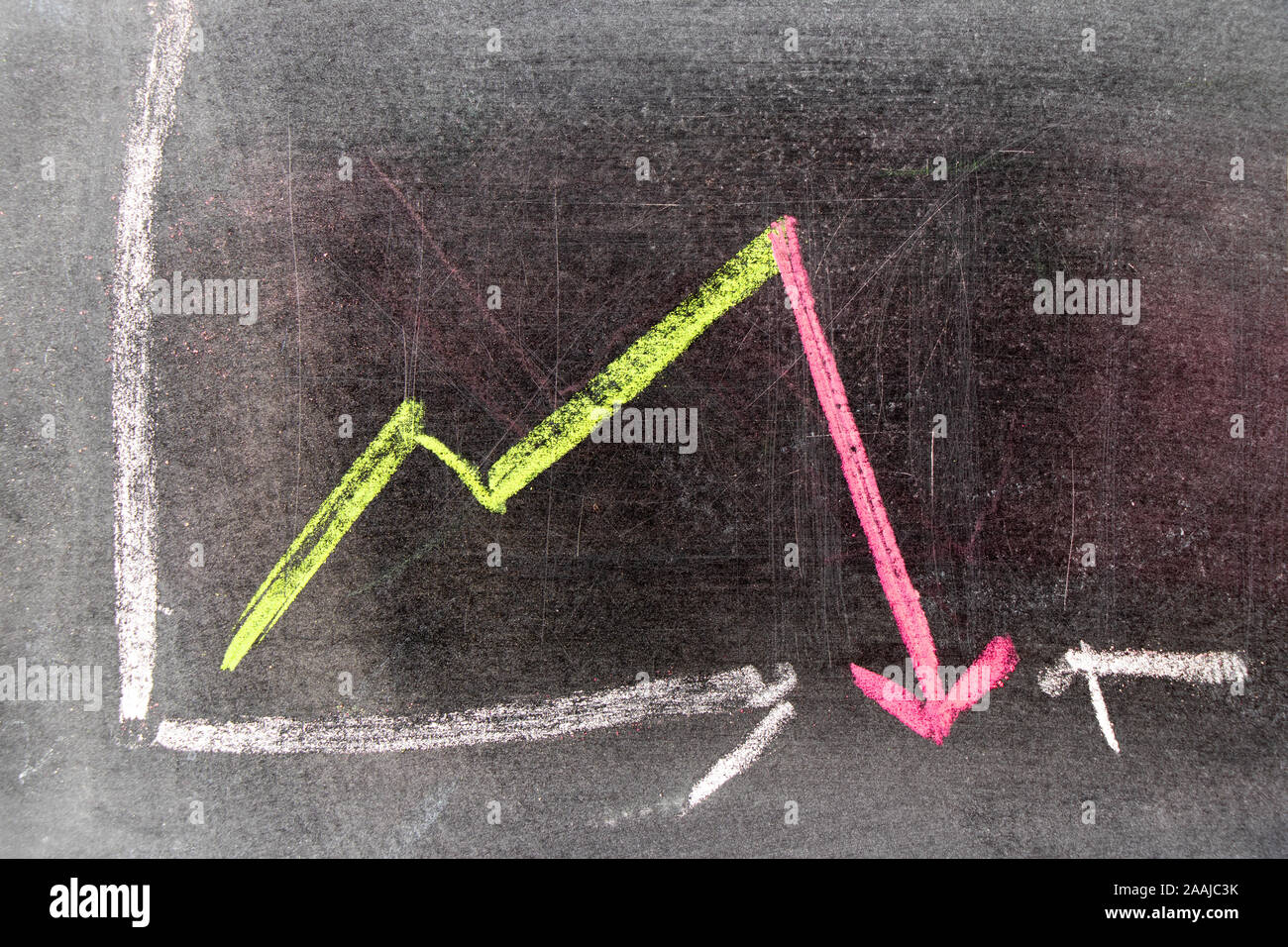 Red chalk drawing in down trend arrow break the graph line shape on ...